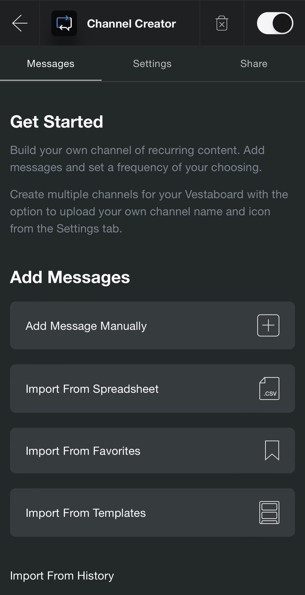 How do I create and schedule my own channel of custom messages?
