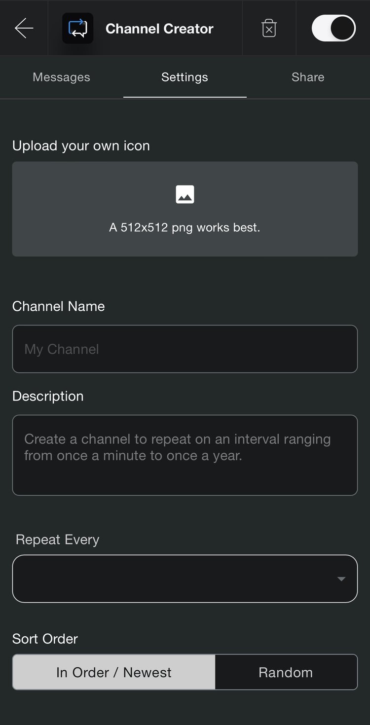 How do I create and schedule my own channel of custom messages?