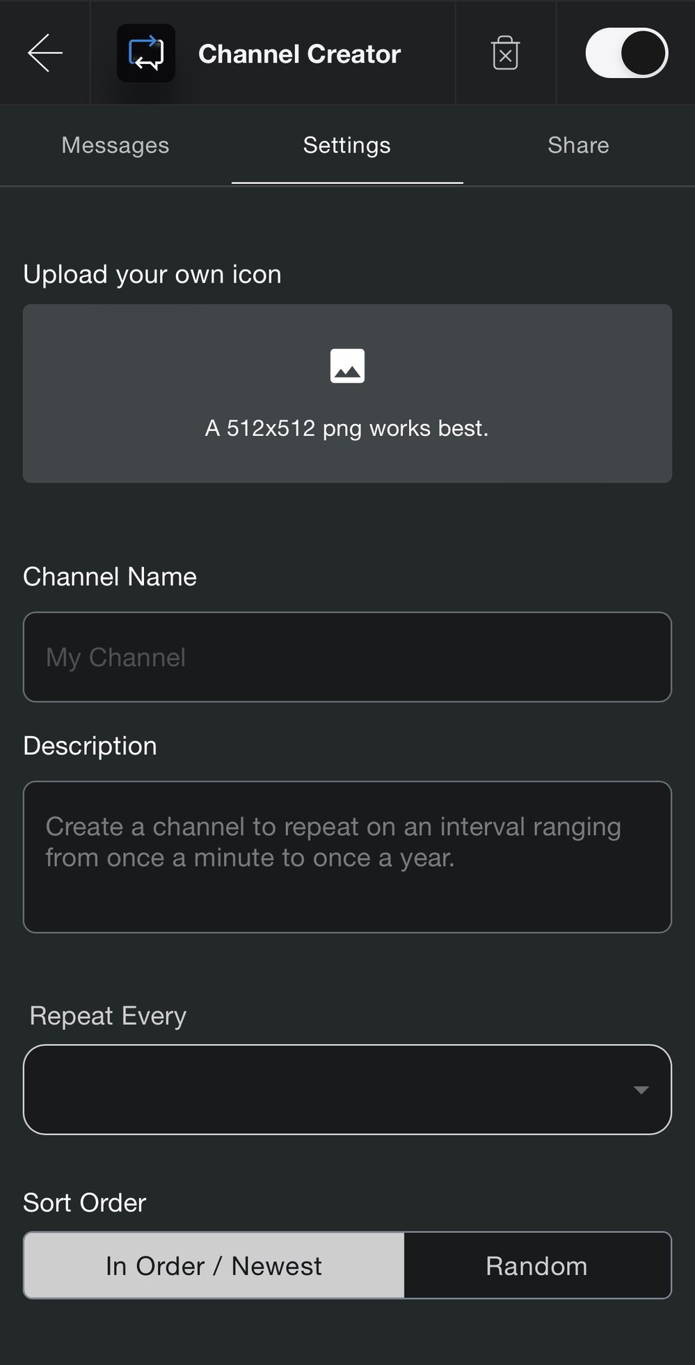 How do I create and schedule my own channel of custom messages?