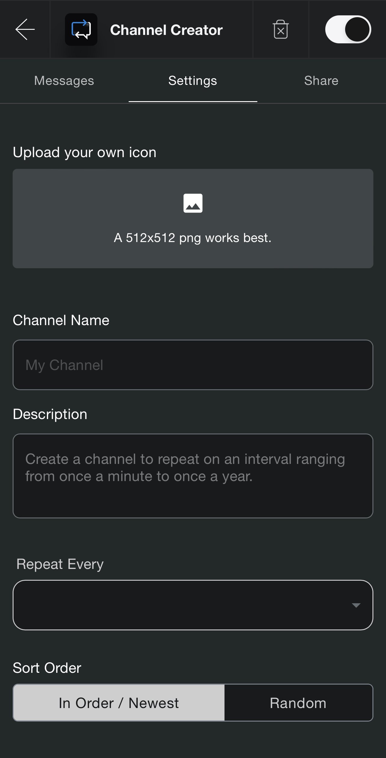 How do I create and schedule my own channel of custom messages?