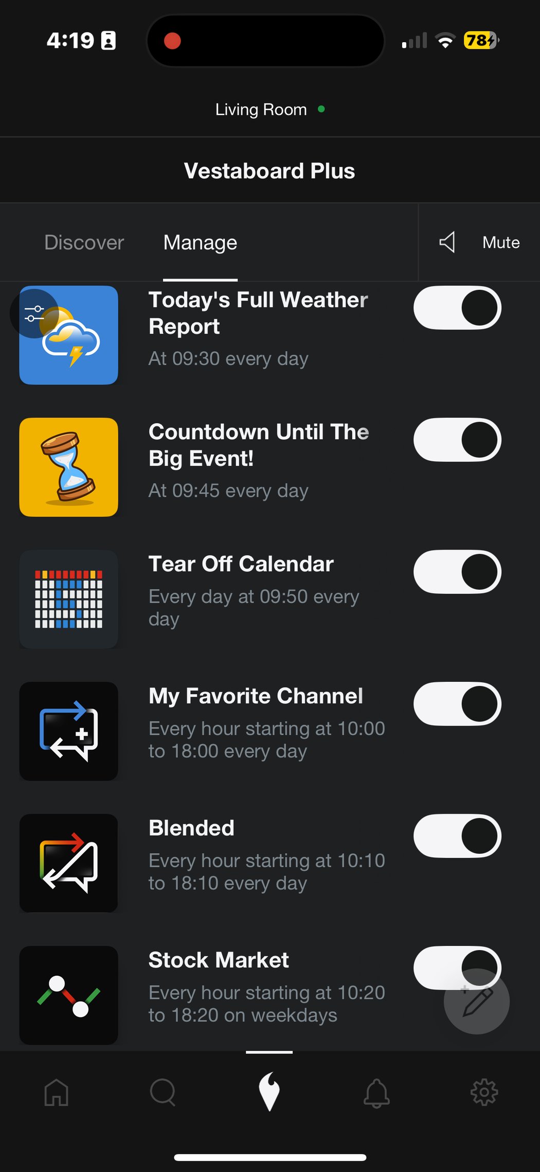 How do I schedule my Vestaboard+ channels to update at the times I want?